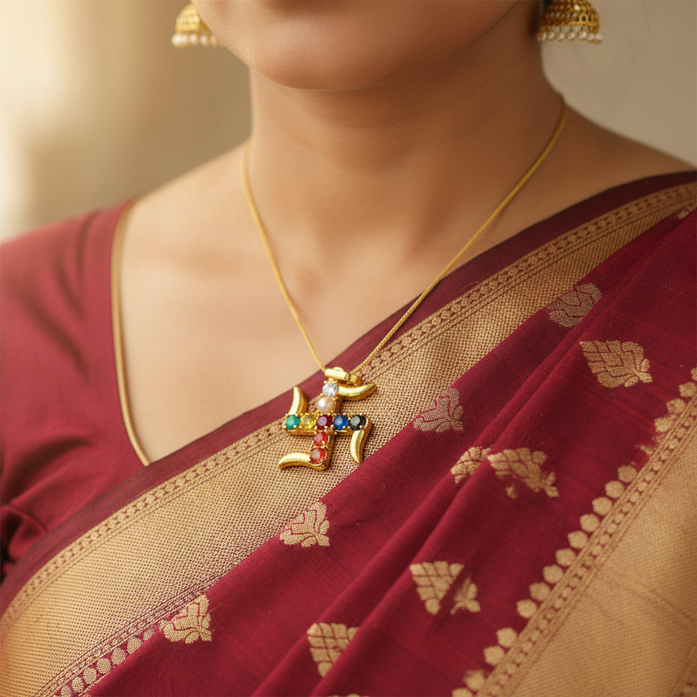 Shop Navratna Swastik Locket for balance & auspiciousness – BhagyaG